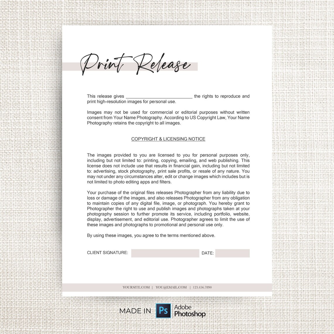 Print Release Template, Photography Marketing, Photographer Templates ...