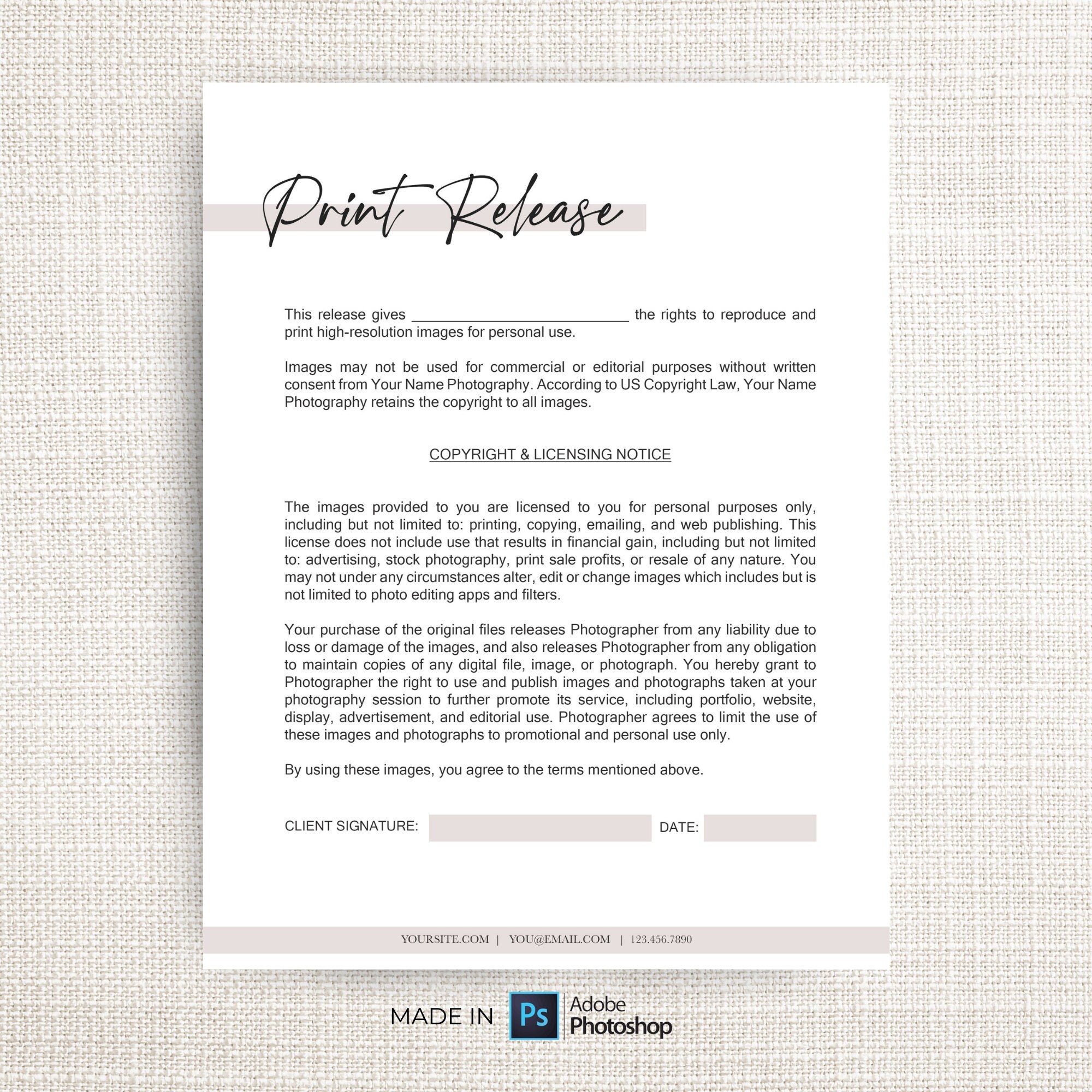 Print Release Template, Photography Marketing, Photographer Templates ...