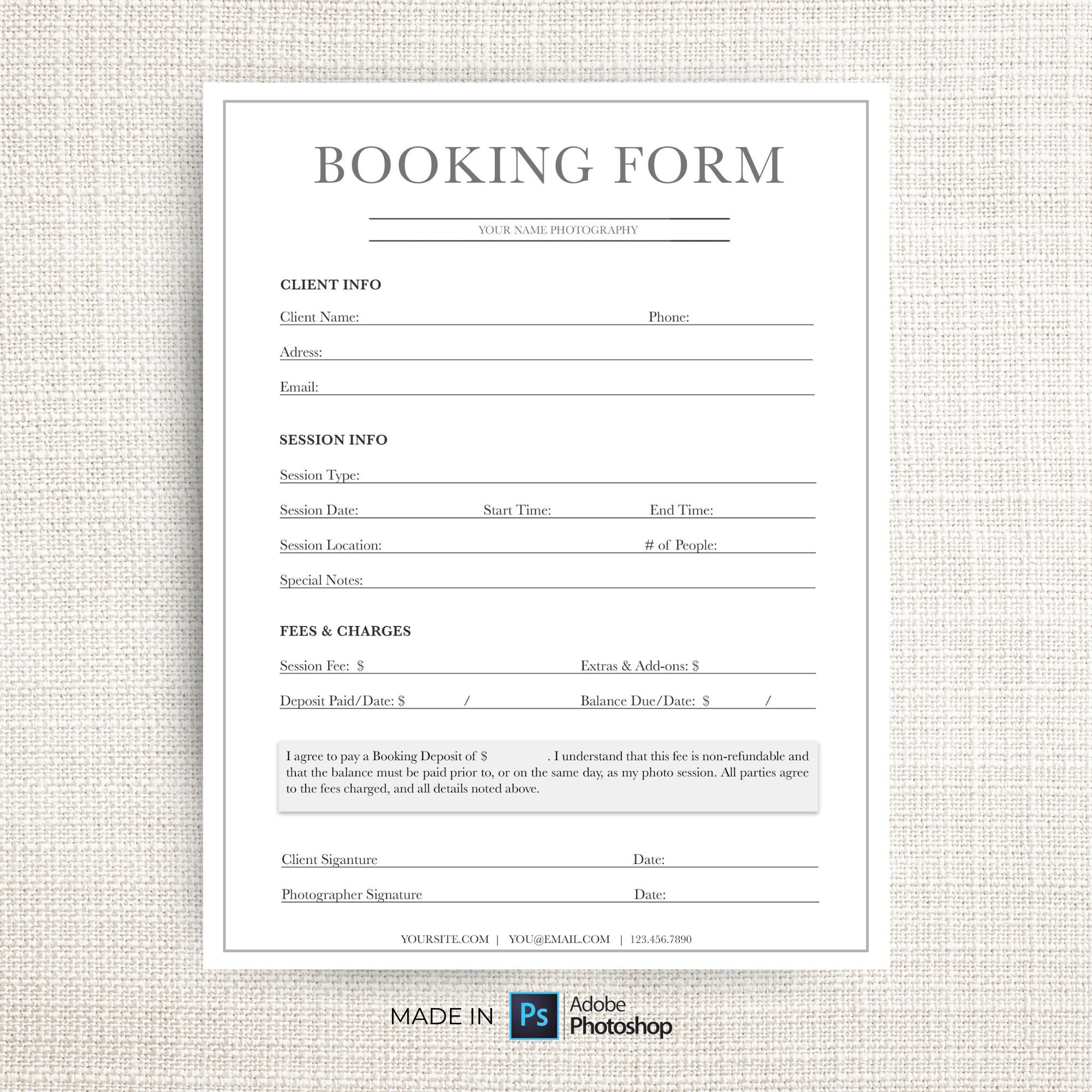 Booking Form Template, Photography Marketing, Photographer Templates ...