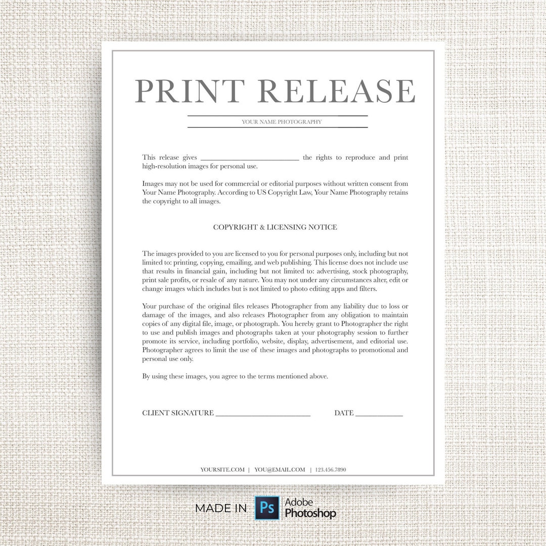 Print Release Template, Photography Marketing, Photographer Templates ...