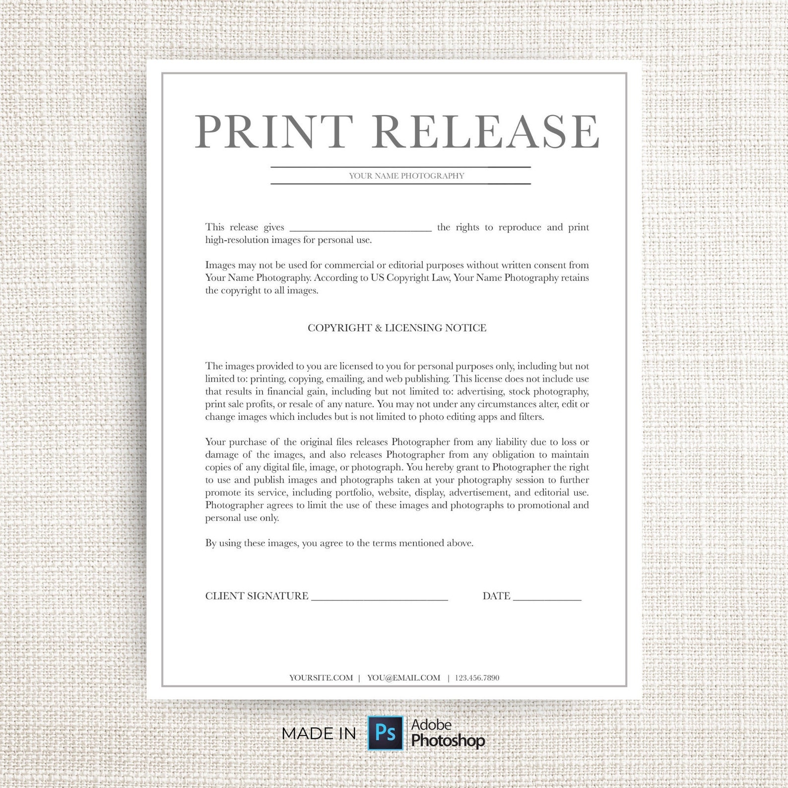 Print Release Template, Photography Marketing, Photographer Templates ...