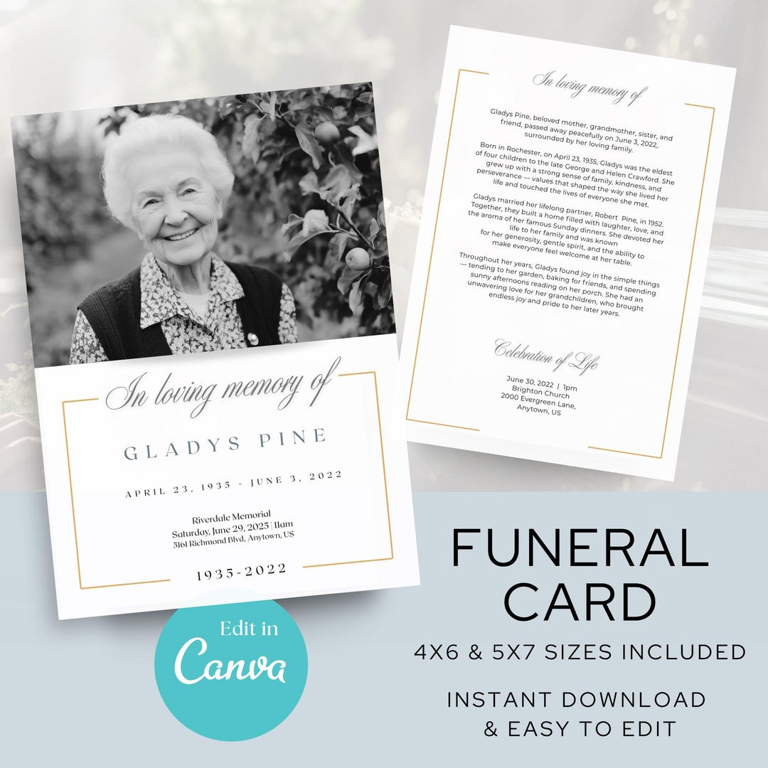 Printable Funeral Card Template | Funeral Card Template | Memorial Card ...