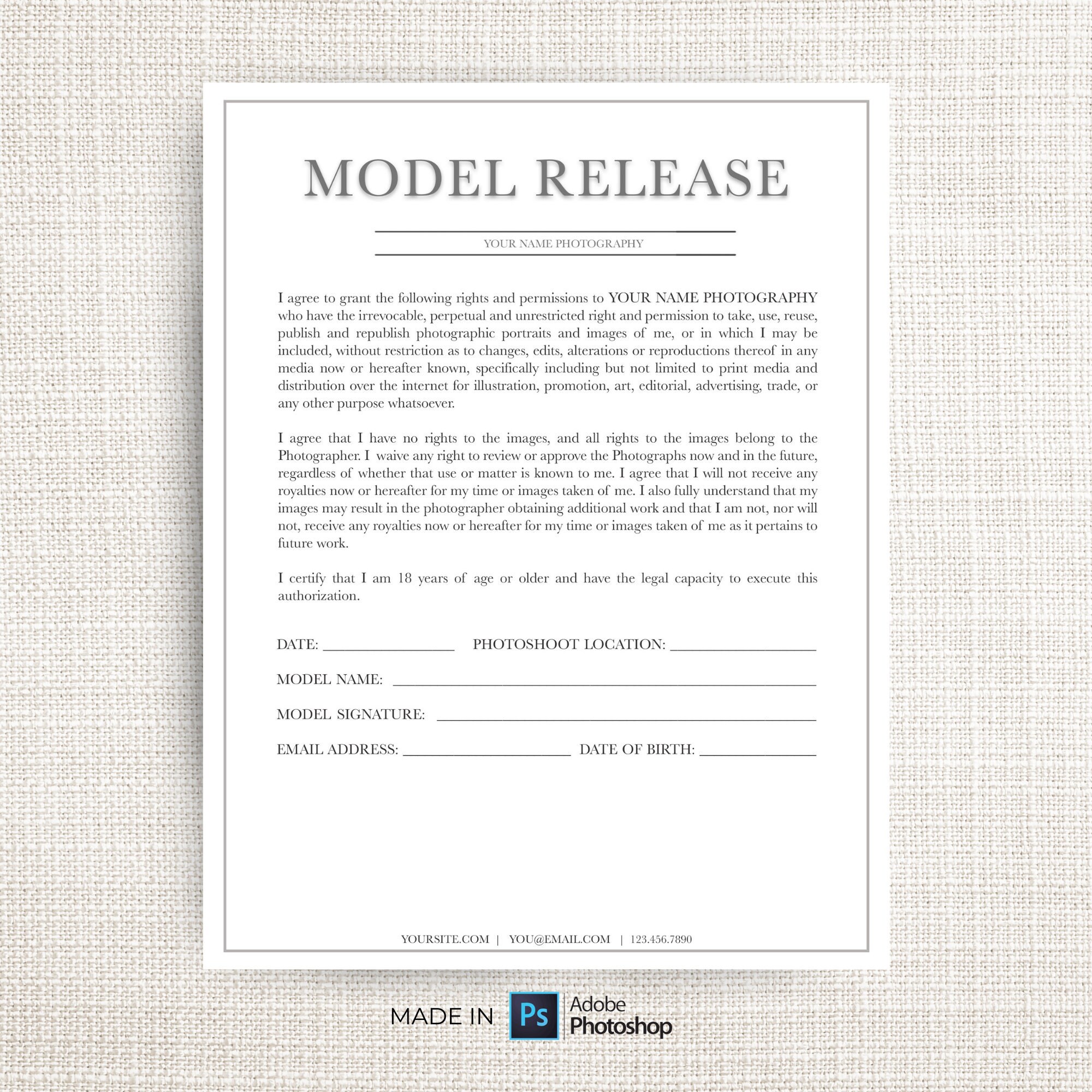 Model Release Template, Model, Photography Marketing, Photographer ...