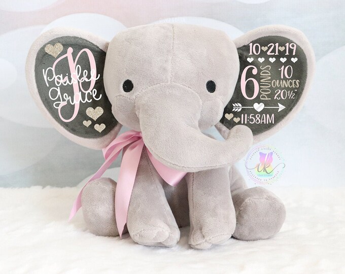 Girls Birth Stat Elephant, Personalized Elephant, Baby Girl Keepsake ...