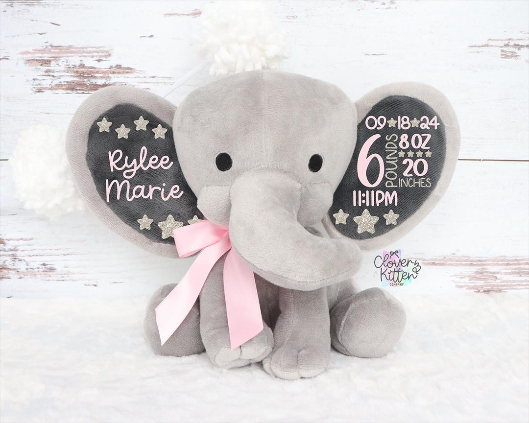Girls Birth Stat Elephant, Personalized Elephant, Baby Girl Keepsake ...