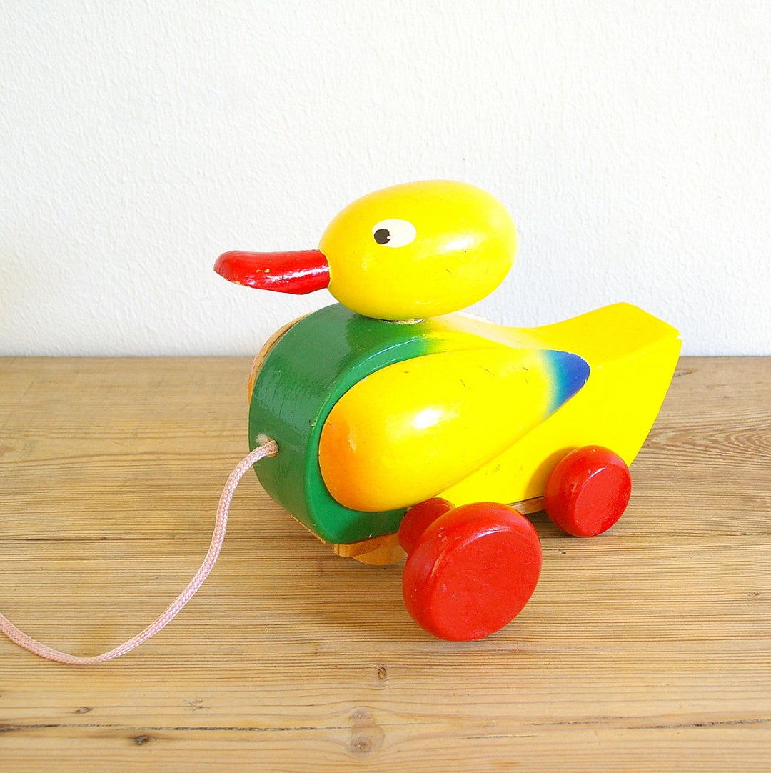 Vintage Wooden Duck Pull Toy in Multi Colors, Nursery Decor, Colorful ...