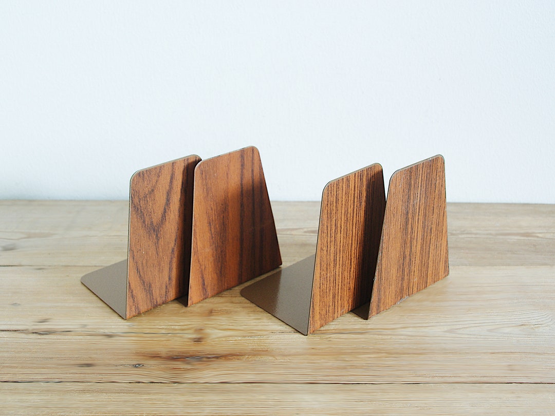 Vintage Pair Metal Bookends in Teak Wood Look, Mid Century Book Ends ...
