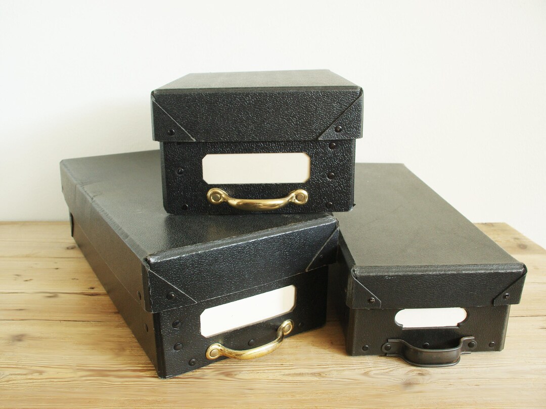 Vintage Index Card Box, Black Cardboard Filing Box With Lid, Recipe ...
