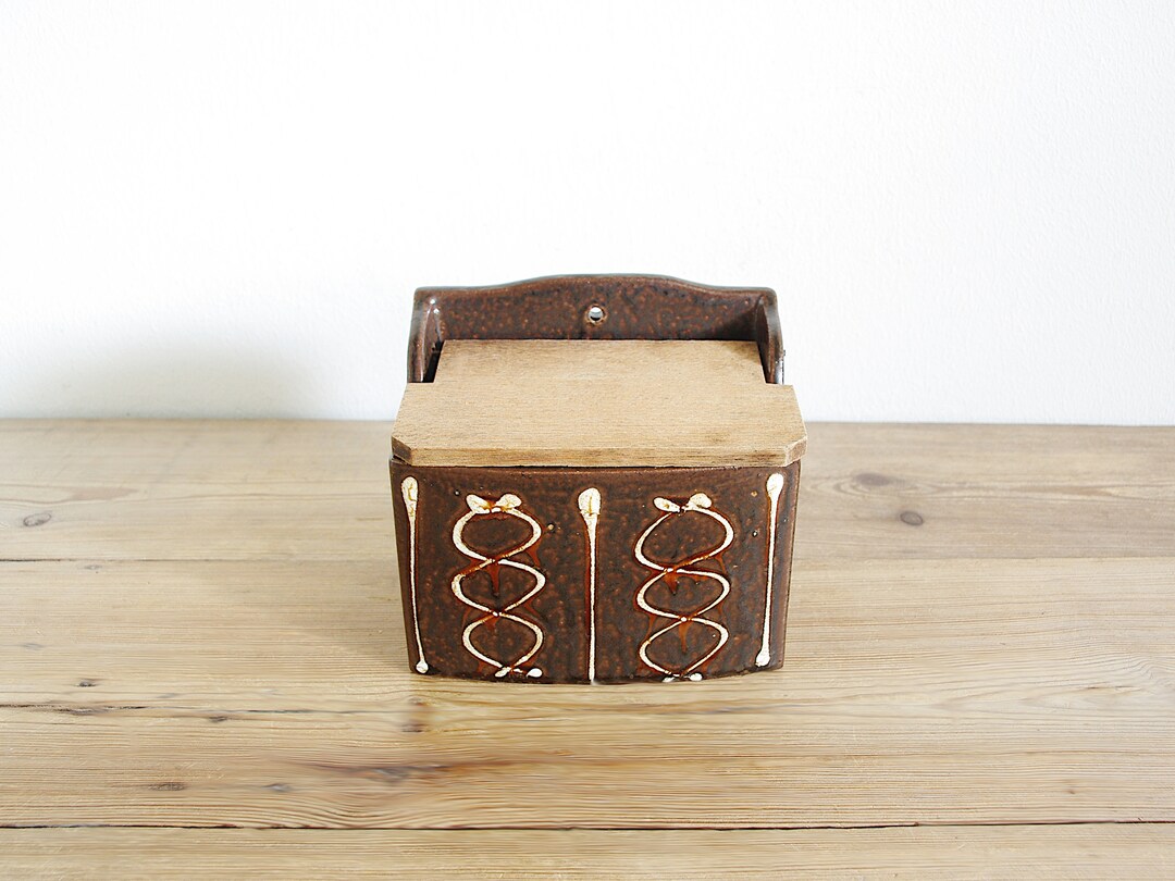 Vintage Brown Salt Box in Ceramic With Wood Lid, Salt Cellar Natural ...
