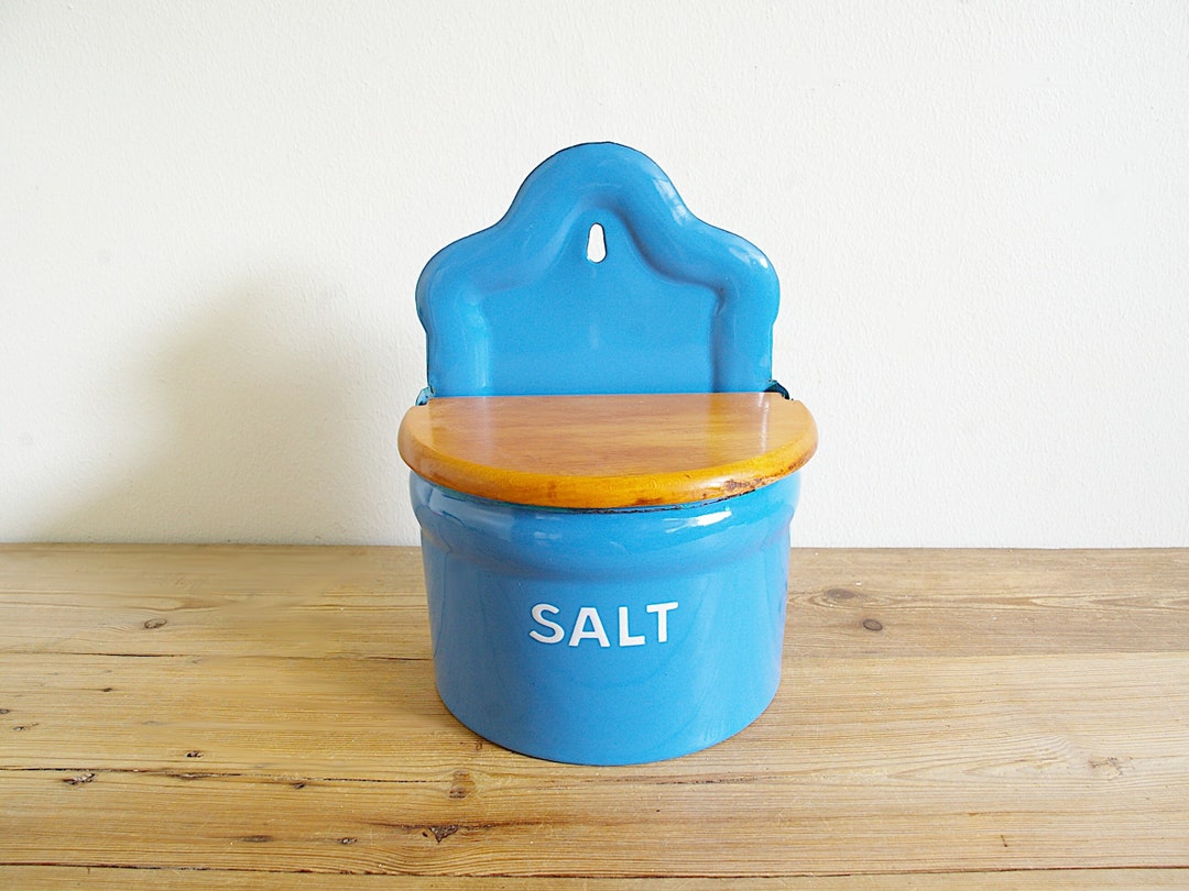 Vintage Salt Box Cellar Blue Wood Lid, Danish Enamel Blue, Country ...
