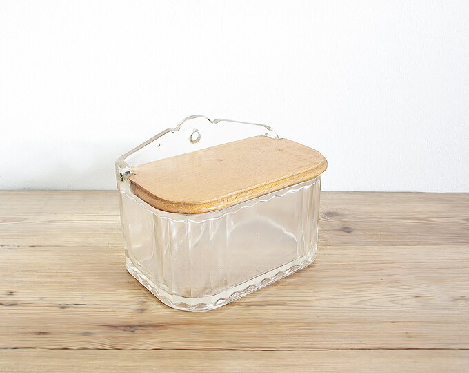 Vintage Salt Box Salt Cellar With Wood Lid, Danish Old Box, Clear Glass ...