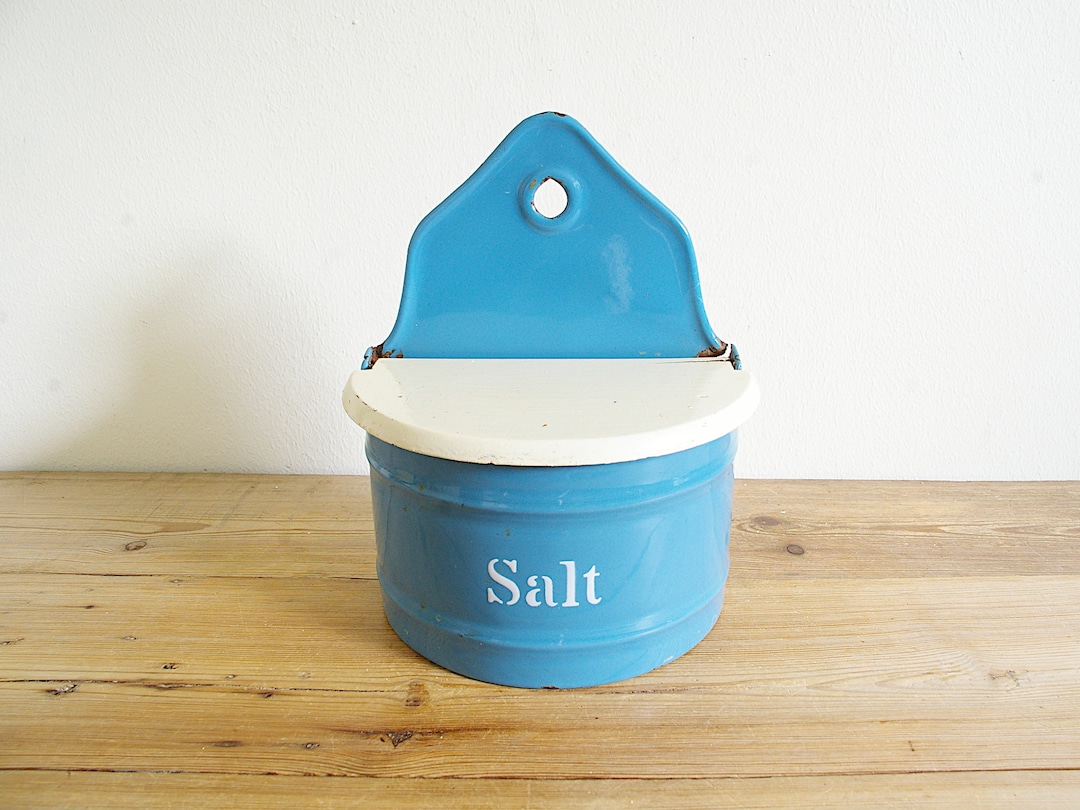 Vintage Salt Box Cellar Blue Wood Lid, Danish Enamel Blue, Country ...