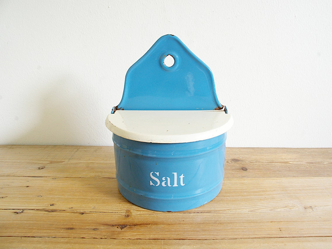 Vintage Salt Box Cellar Blue Wood Lid Danish Enamel Blue | Etsy