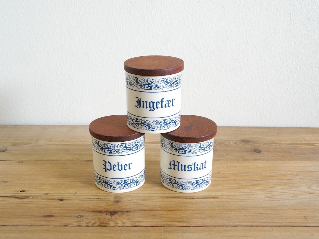 Vintage Plastic Spice Jars With Teak Lid, Spice Canisters, Scandinavian ...
