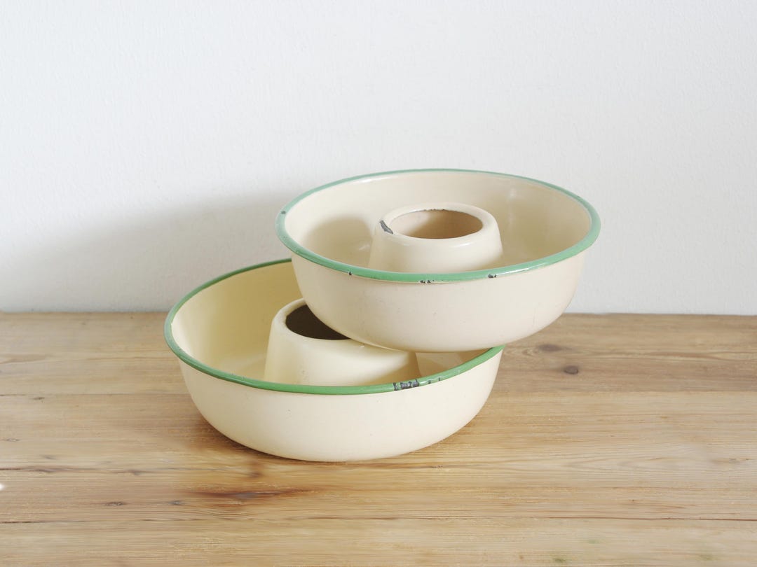 Vintage Pair of Gelatin Molds, Cream Enamel Pan, Old Jelly Forms ...