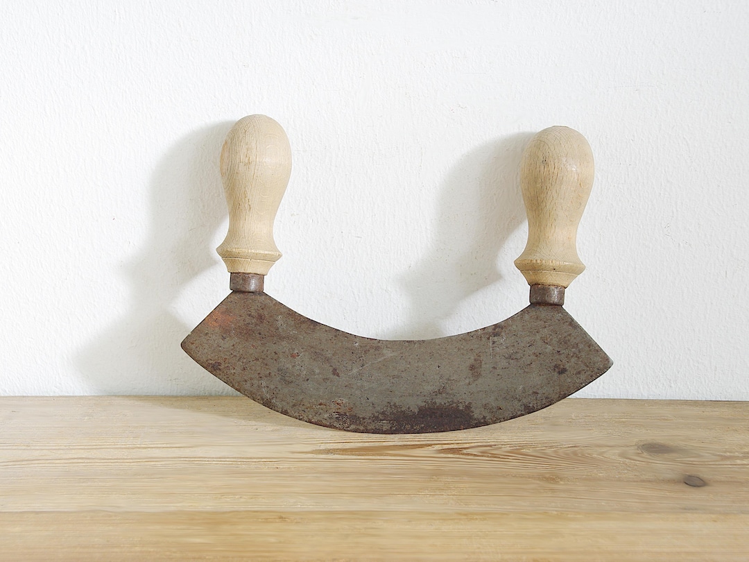 Vintage Antique Big Mezzaluna Knife Wood Handles, Old Herb Chopper ...