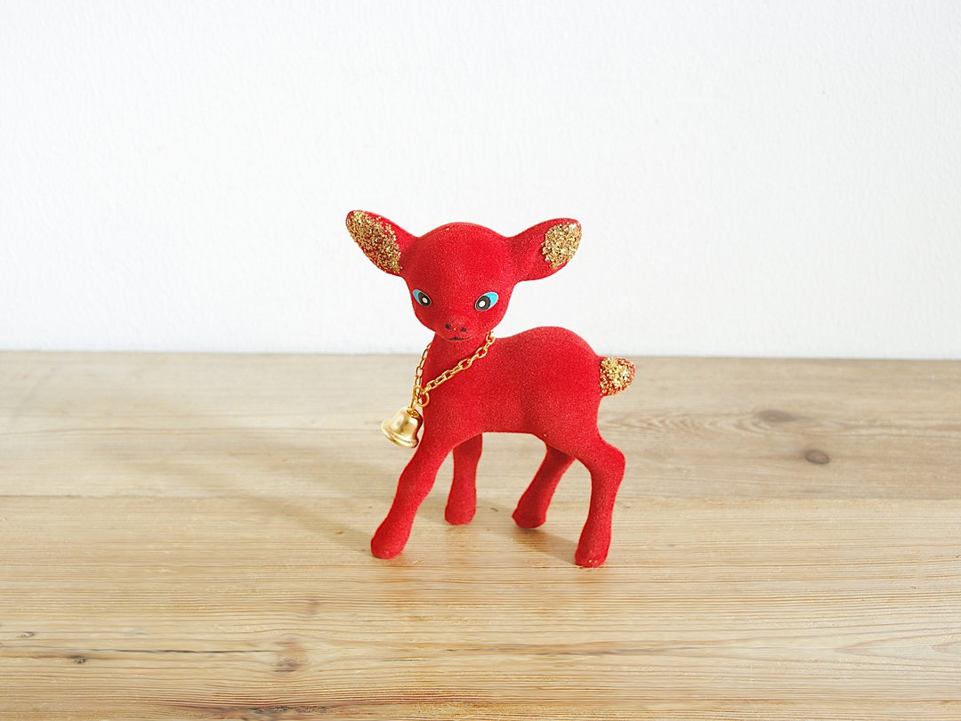 Vintage Red Flocked Reindeer With Chain and Bell, Retro Kitsch Décor ...