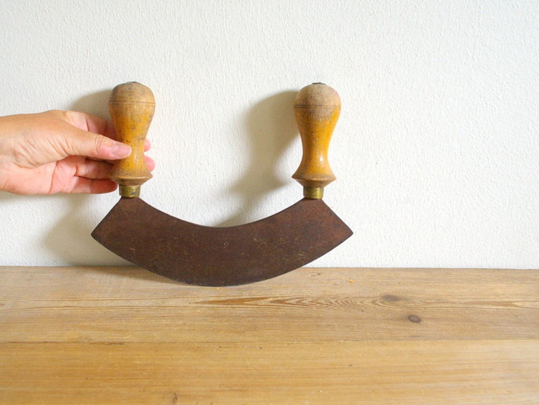 Vintage Antique Big Mezzaluna Knife With Two Wood Handles, Old Herb ...