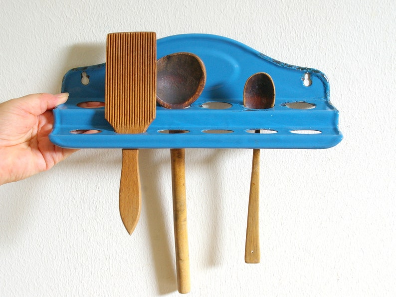 Vintage enamel spoon rack blue Rustic spoon holder wall | Etsy