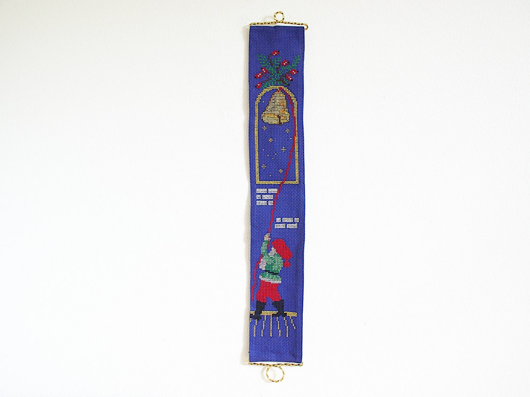 Vintage Embroidery Christmas Bell Pull With Elf, Cross Stitch Wall ...