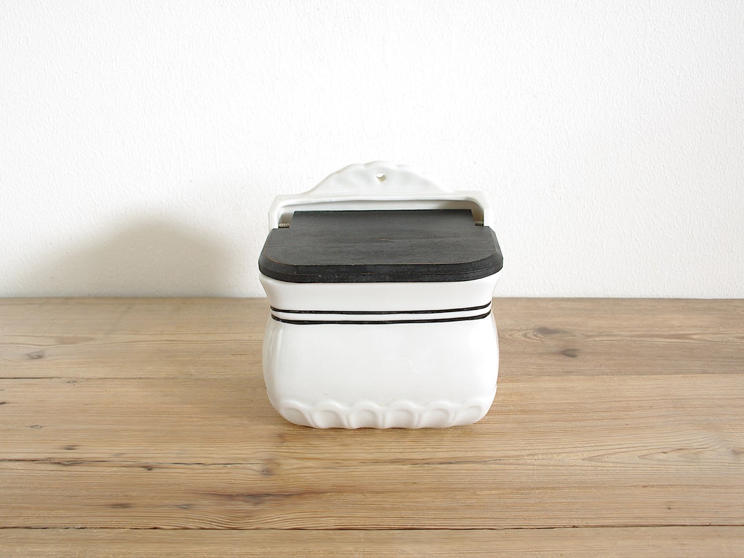 Vintage Salt Box in White Ceramic With Black Lid, Kitchen Storage Box ...