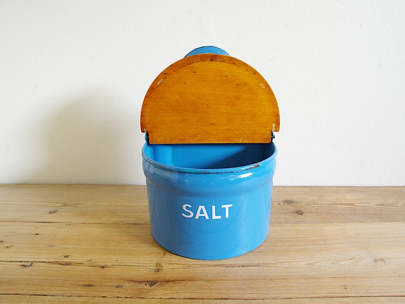Vintage Salt Box Cellar Blue Wood Lid Danish Enamel Blue - Etsy