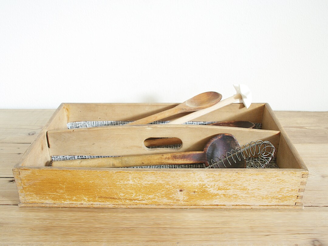 Vintage Wooden Rustic Cutlery Tray With Handle, Knife Box Holder ...