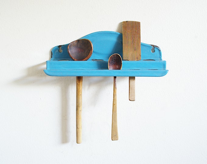 Vintage Enamel Spoon Rack Blue Rustic Spoon Holder Wall - Etsy