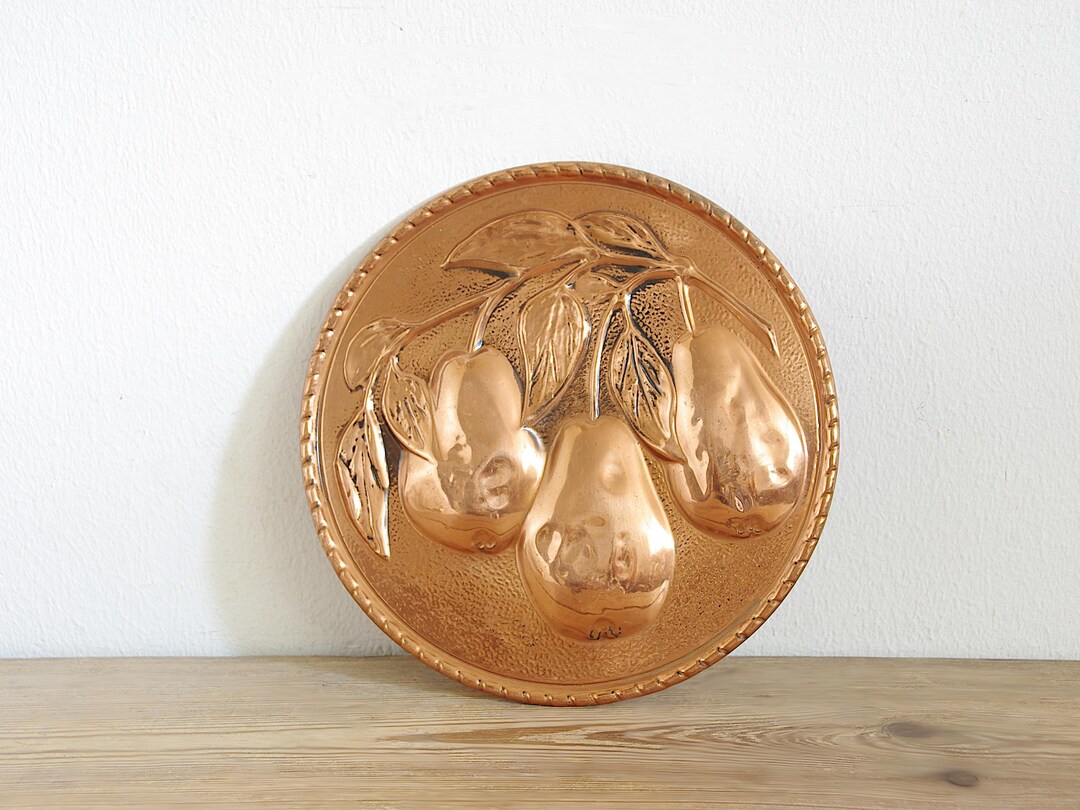 Vintage Copper Plaque With Pear Fruit, Round Metal Wall Art, Hammered ...