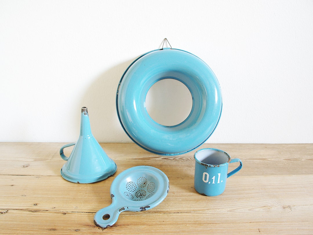Vintage Blue Enamel Ware Funnel Mold Tea Strainer or Measuring Cup ...