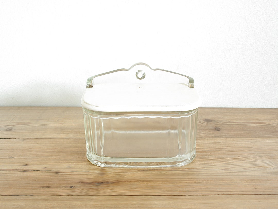 Vintage Salt Box Salt Cellar in Glass With Wood Lid Painted White ...