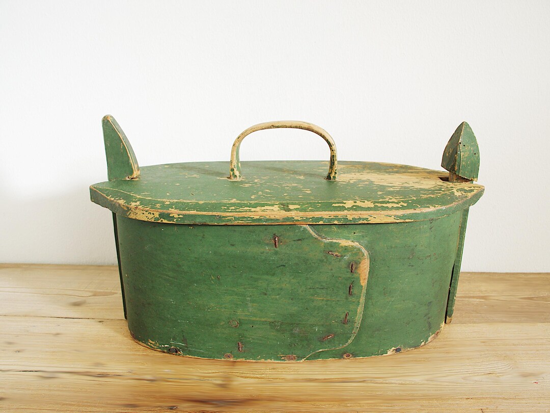 Vintage Antique Big Bent Wood Tine Box Painted Green, Swedish Storage ...
