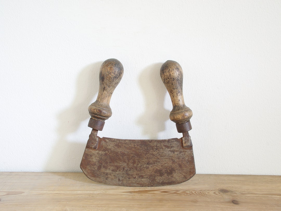 Vintage Antique Big Mezzaluna Knife With Two Wood Handles, Old Herb ...