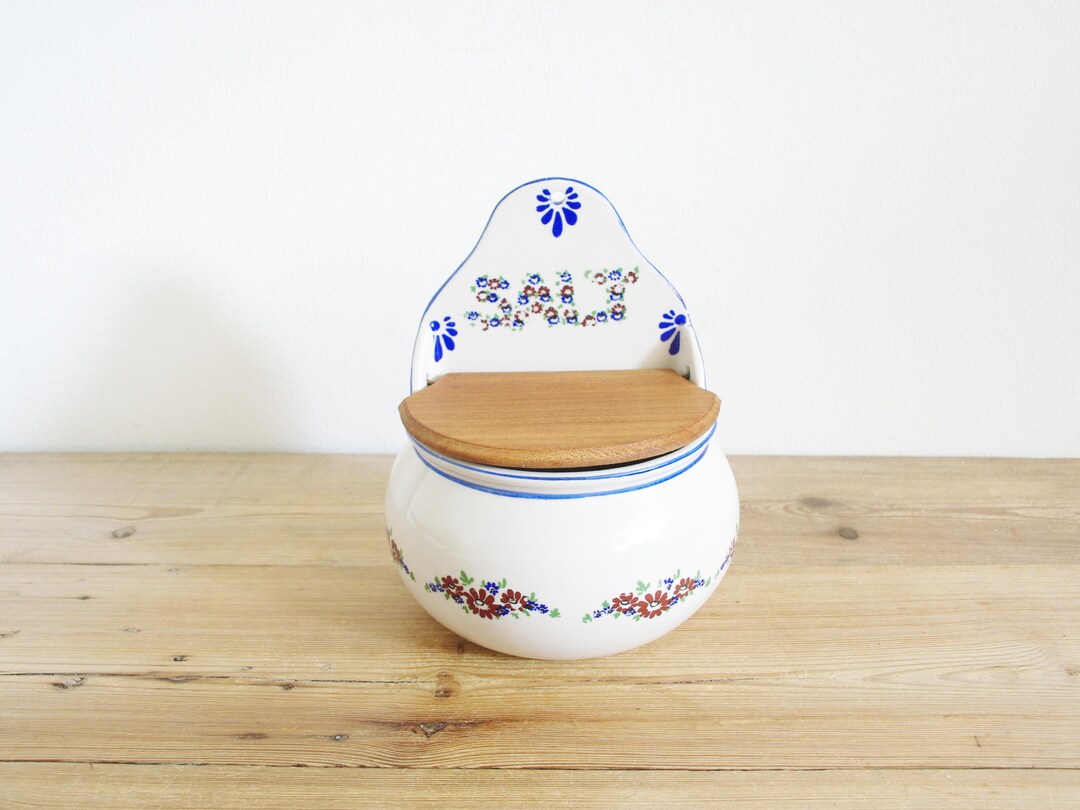 Vintage Salt Box or Cellar With Wood Lid, Danish Earthenware, White ...