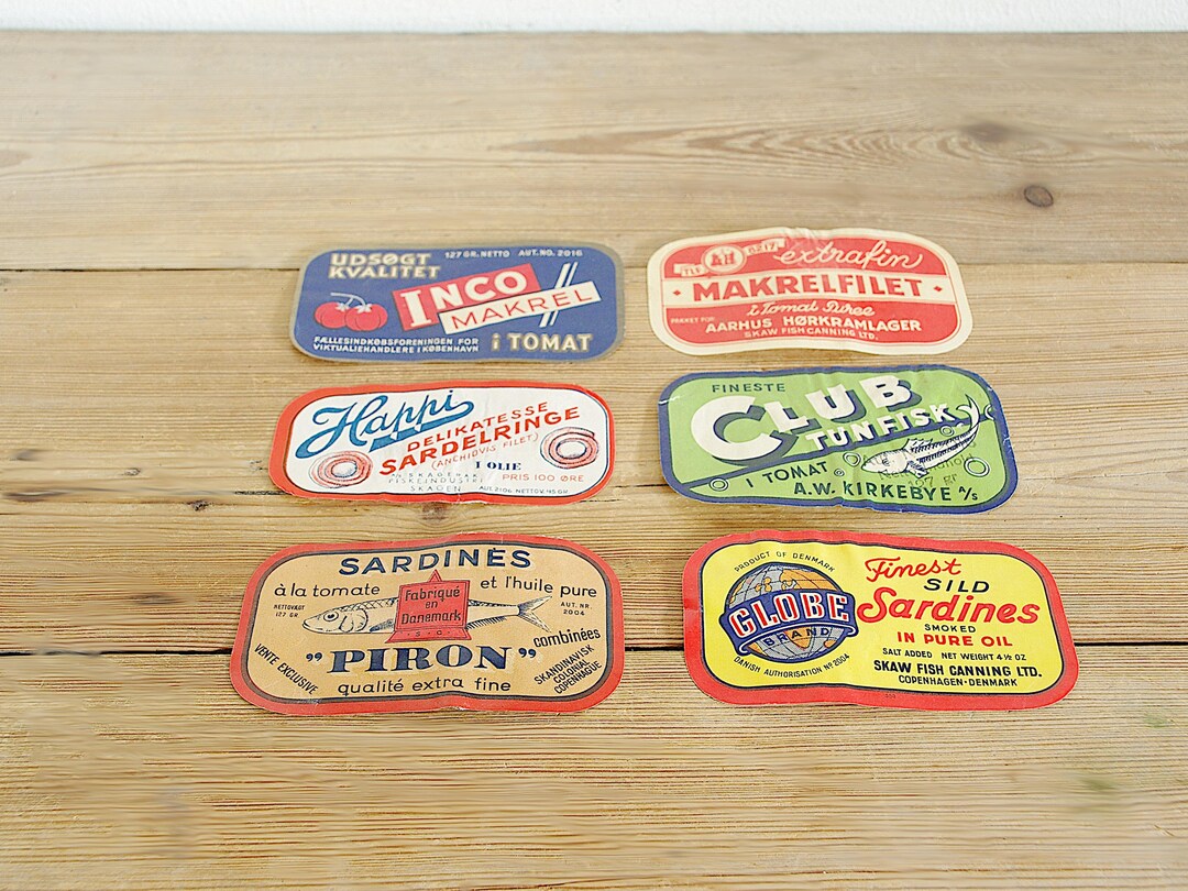 Vintage Set of 6 Original Fish Can Labels, Tin Canned Advertising ...