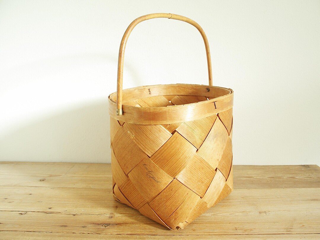 Vintage Split Wood Basket With Swing Handle, Old Woven Basket for ...