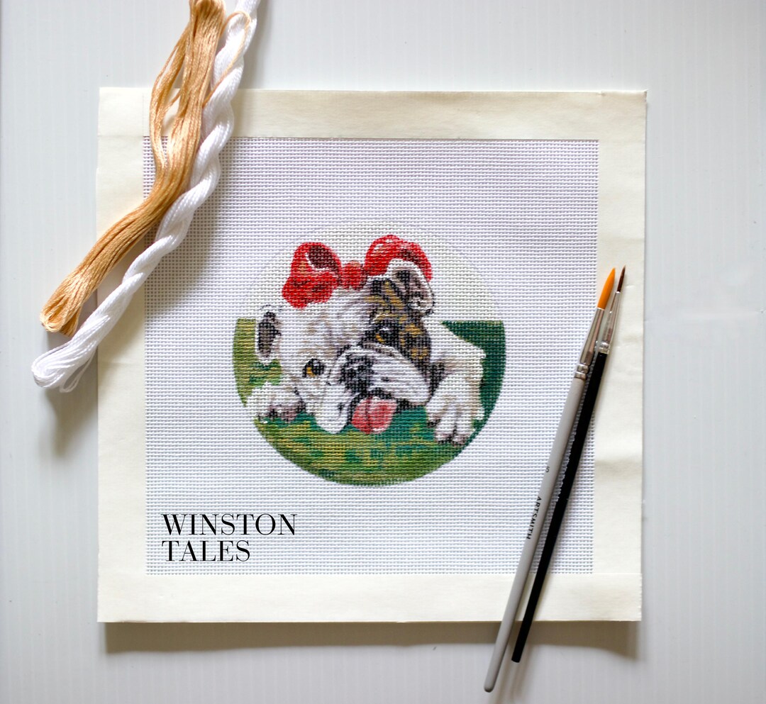 Bulldog Needlepoint Canvas | Hand Painted With Bow - Etsy