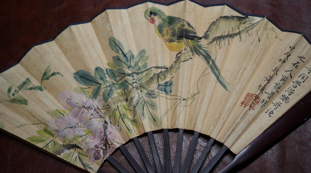 Antique Chinese Bambooo Fan Frame Paint Paper Leaf With Birds in a Rosy ...