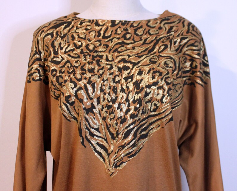 Vintage 1980's Tan Long Sleeve Black Gold Metallic Leopard Print Blouse ...