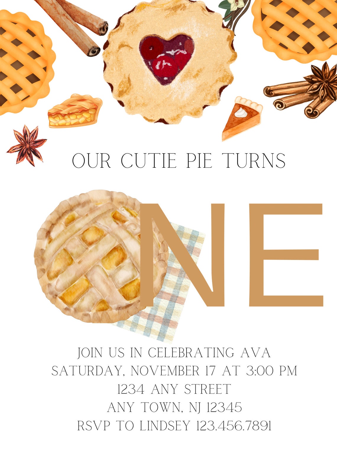 Downloadable Cutie Pie Theme First Birthday Party Invitation Template ...