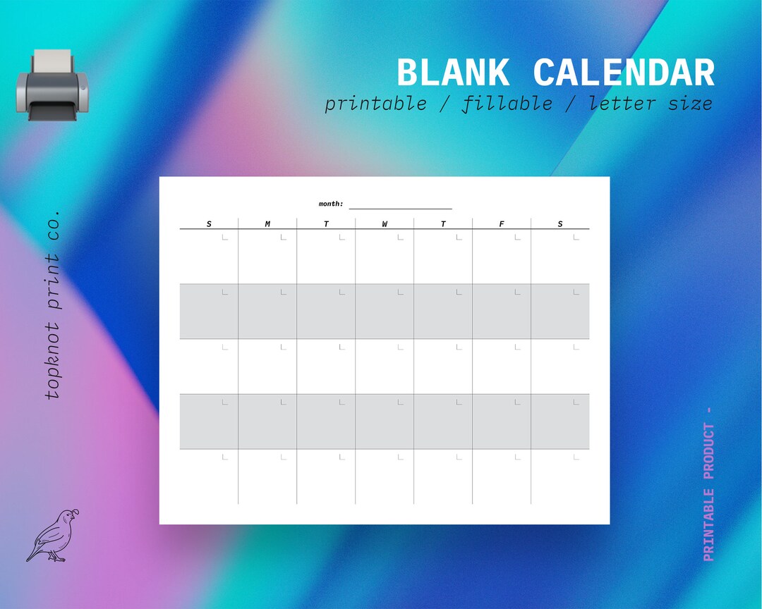 Monthly Blank Calendar Printable Agenda Fill in Calendar - Etsy