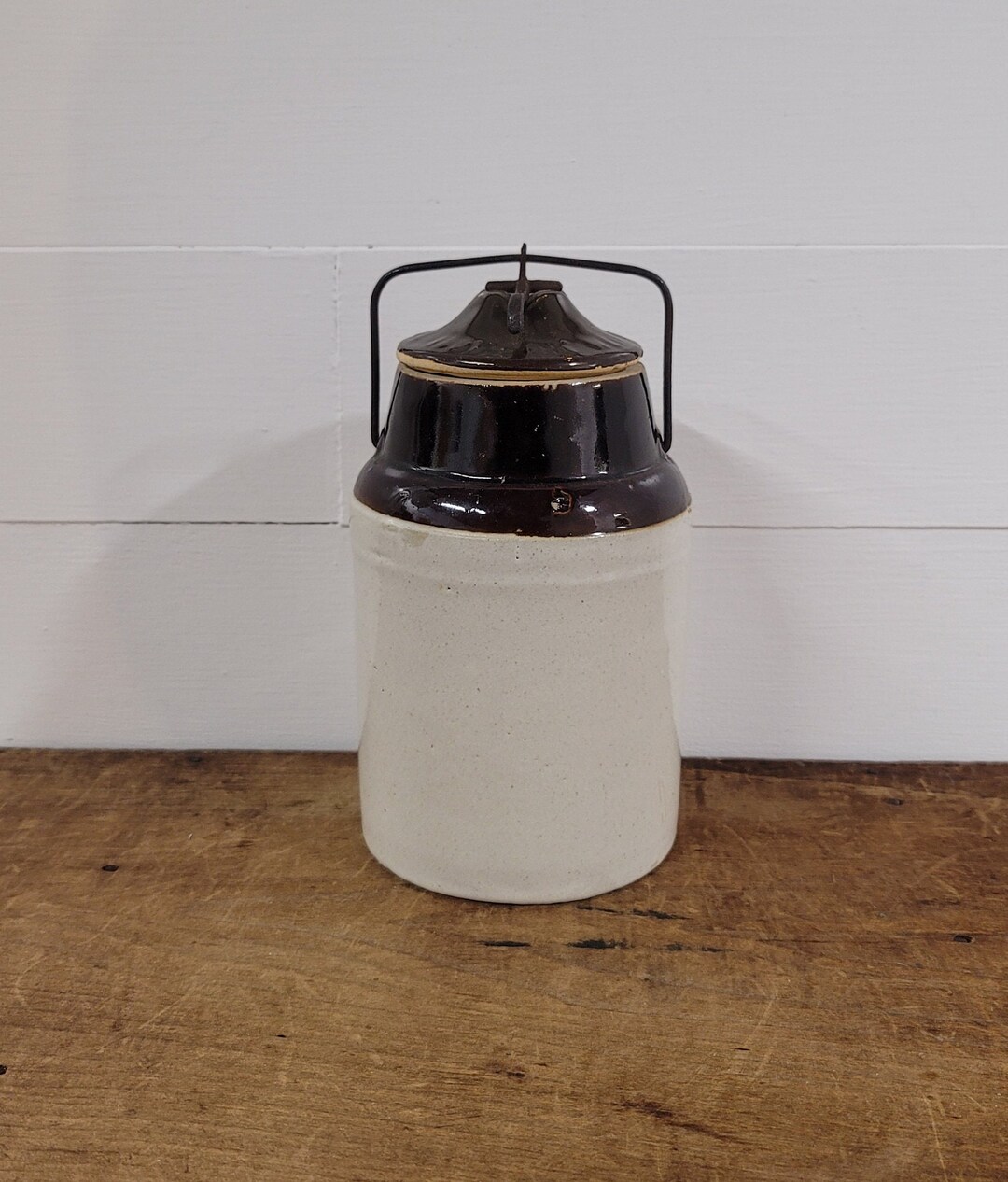 Vintage Two Tone Stoneware Crock - Farmhouse Kitchen - Lidded Dairy ...