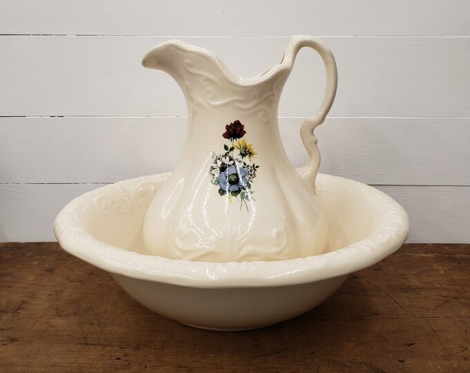 Vintage Cream Ironstone Pitcher and Basin Bowl - Farmhouse Bathroom ...