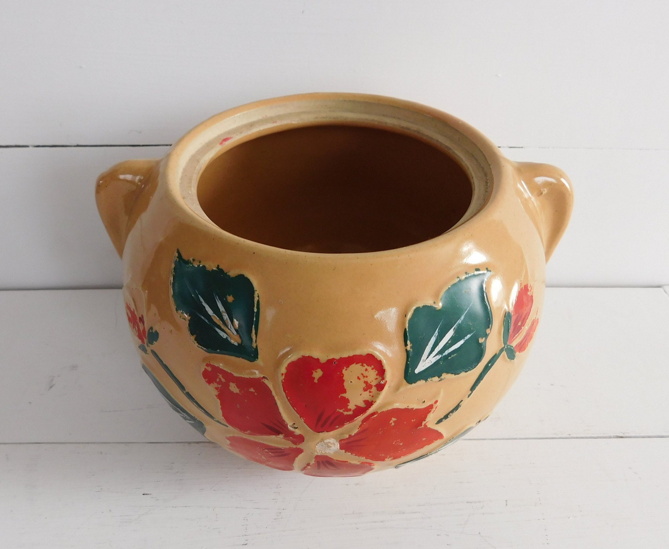 Vintage USA Hand Painted Flower Crock Bean Pot Stoneware | Etsy