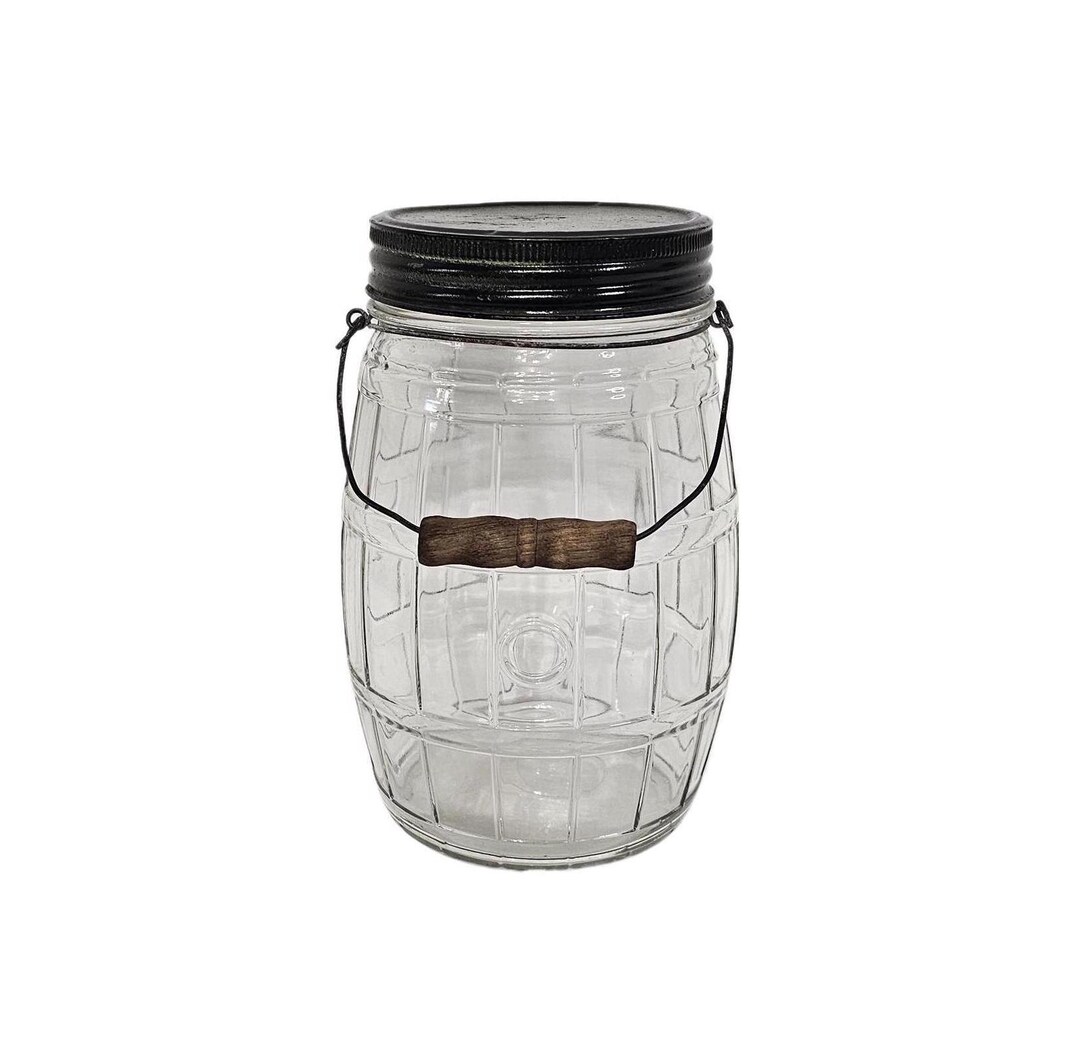 Vintage Glass Barrel Pickle Jar With Carry Handle - Kitchen Storage Jar ...