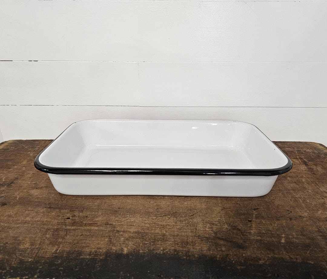 Vintage White Black Trim Enamelware Rectangle Baking Pan - Enamel ...