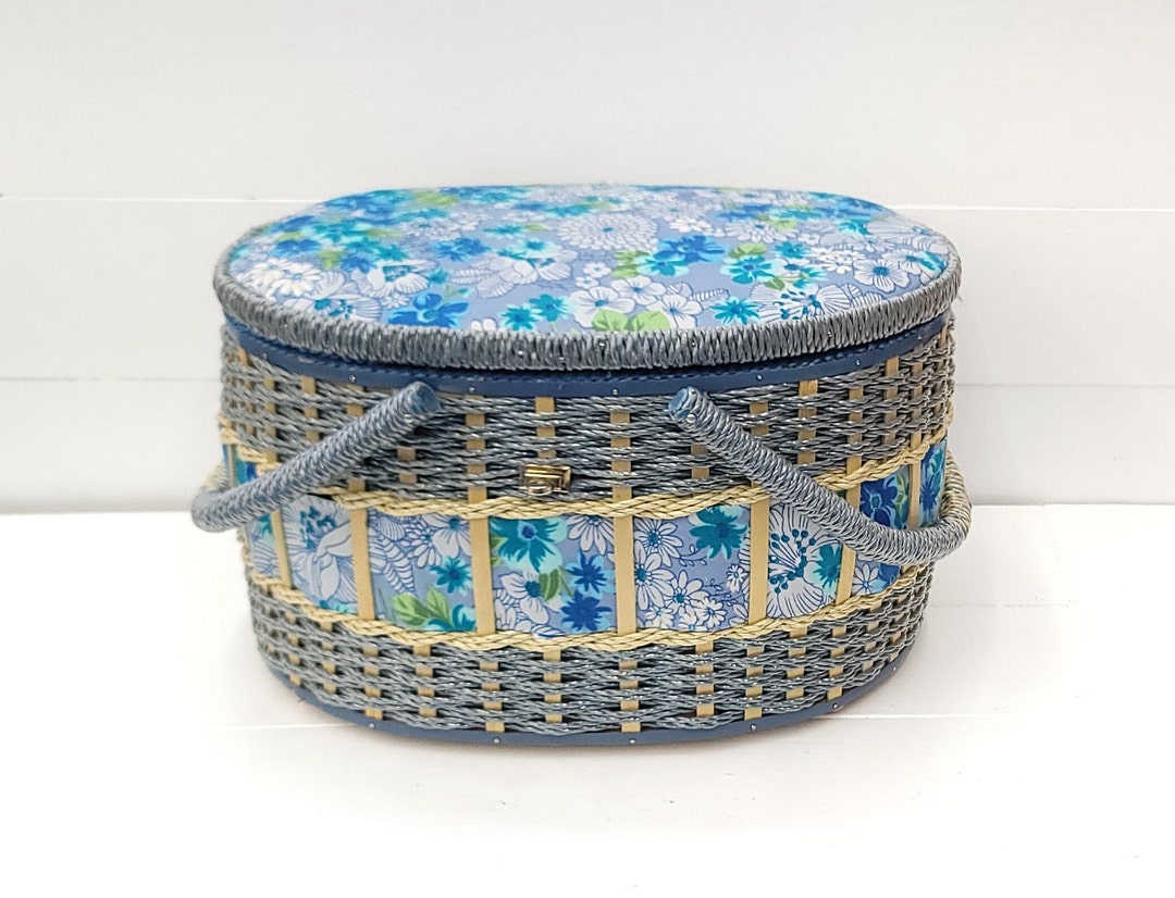 Vintage SEARS Best Blue Flower Power Carry Sewing Basket - Notions ...