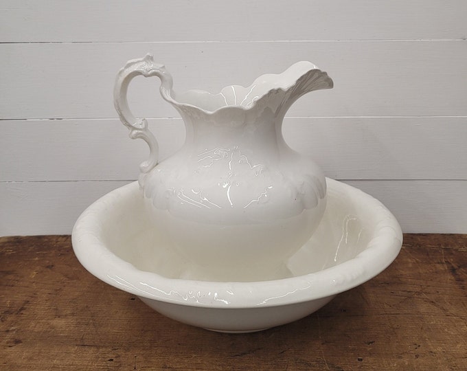Vintage White Ironstone Pitcher and Bowl - Farmhouse Cottage - Crazed ...
