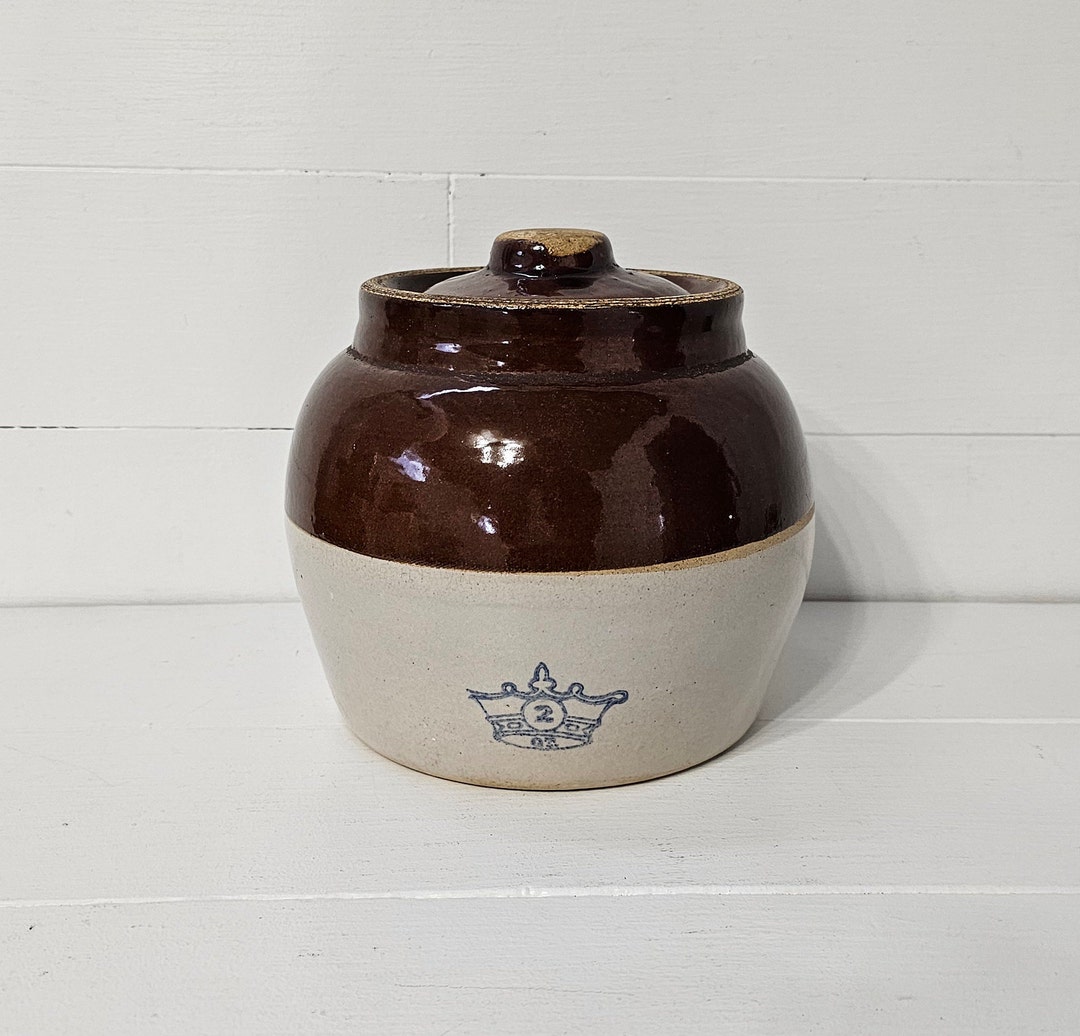 Vintage 2 Quart Stoneware Lidded Crock - Stoneware Bean Pot - Farmhouse ...