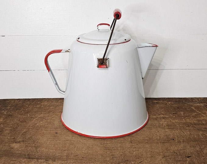 Vintage White and Red Enamelware Kettle Farmhouse Kitchen Red Trim ...